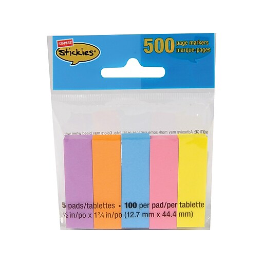 Staples Stickies Page Flags, 0.5" Wide, Assorted Colors, 500/Pack ...