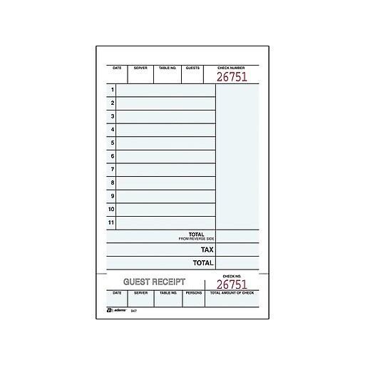 Adams 2-Part Carbonless Guest Checks, 4.25"L x 7.25"W, 250 Sets/Book ...