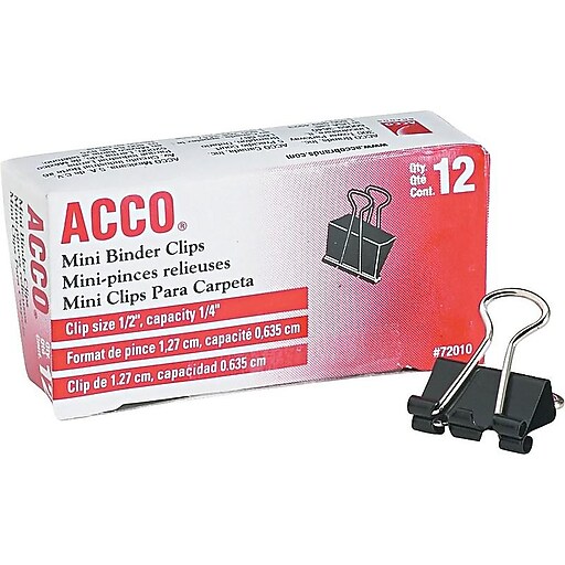 ACCO Mini Binder Clips,0.25" Capacity, Black, Dozen (A7072010) | Staples
