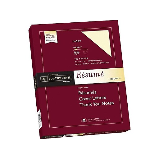 Southworth Resume Paper, 8.5" x 11", 24 lb., Wove-Finish, Ivory, 100 ...
