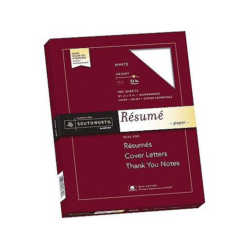 SOUTHWORTH 100% Cotton Resume Paper, 8 1/2" x 11", 32 lb., Wove Finish ...