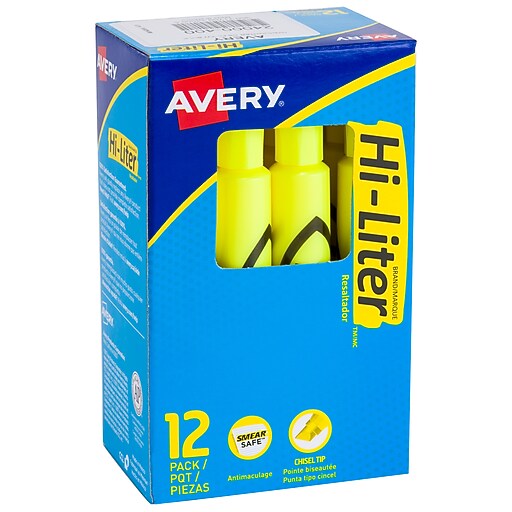 Avery Hi-Liter Desk Style Highlighters, Chisel Tip, Yellow, Dozen ...