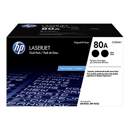 HP 80A Black Standard Yield Toner Cartridge, 2/Pack (CF280AD1) | Staples