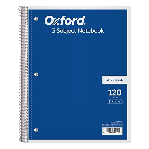 Oxford 3-Subject Notebooks, 8" x 10.5", Wide Ruled, 120 Sheets, Each ...