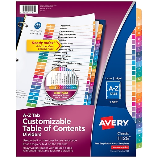 Avery Ready Index Customizable Table of Contents A-Z Dividers, 26-Tab ... Avery Ready Index Customizable Table of Contents A-Z Dividers, 26-Tab ...